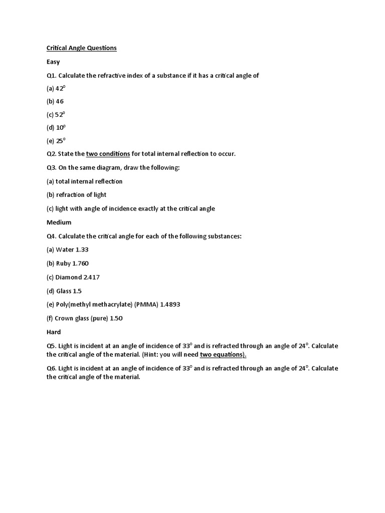 Optics: Critical Angle Exercises | PDF | Science & Mathematics ...