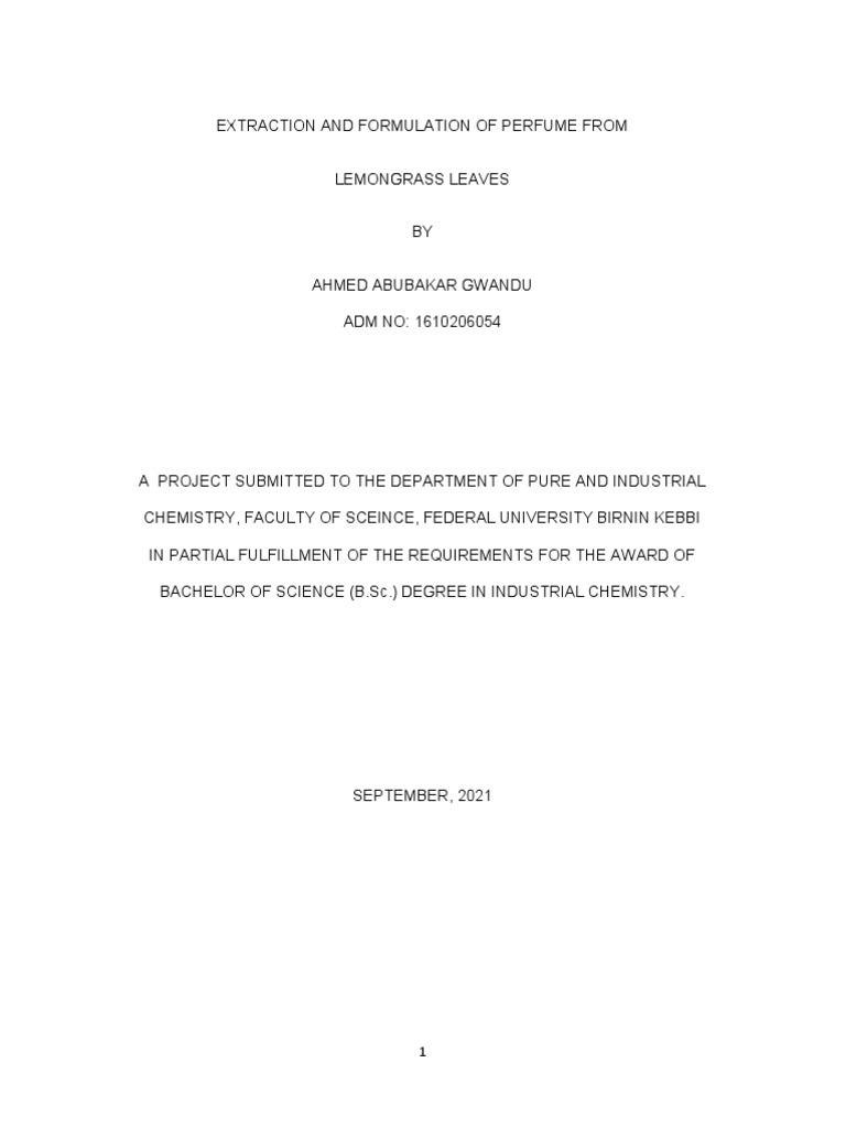 Extraction and Formulation of Perfume From Lemongrass Leaves | PDF ...