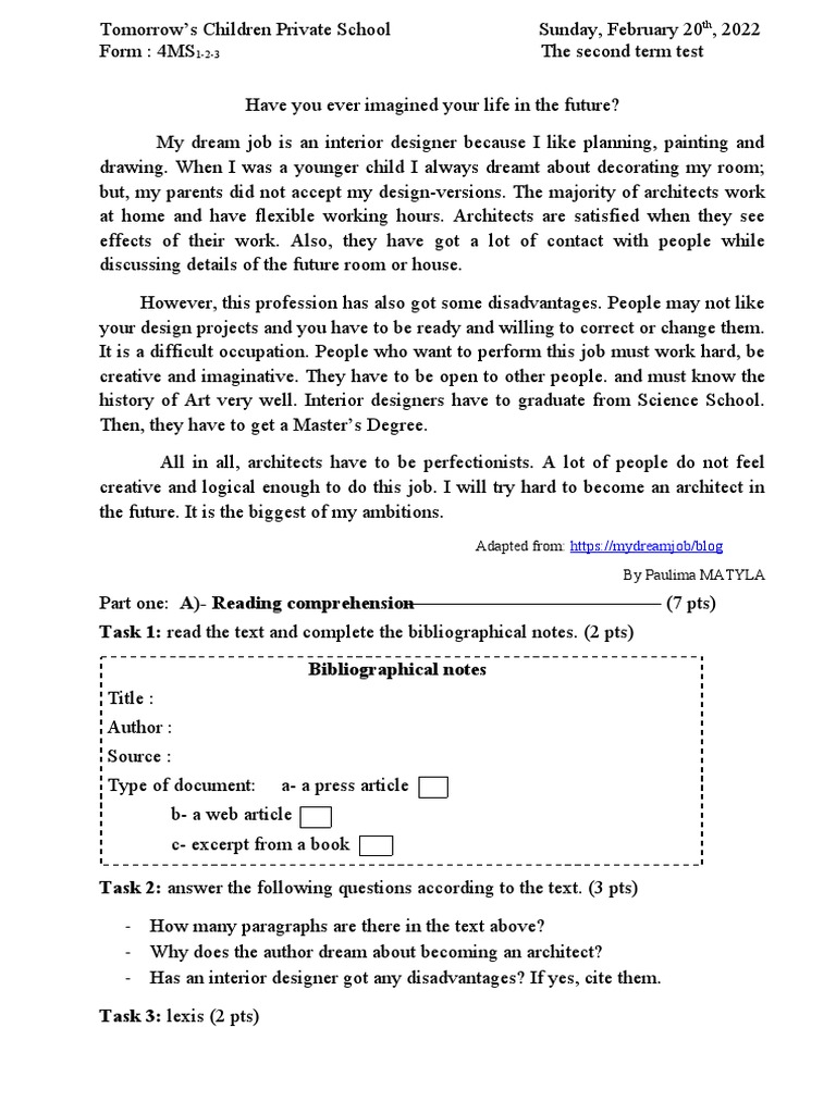 Dream Job Test Second Term 2022 | PDF | Interior Design | Linguistics