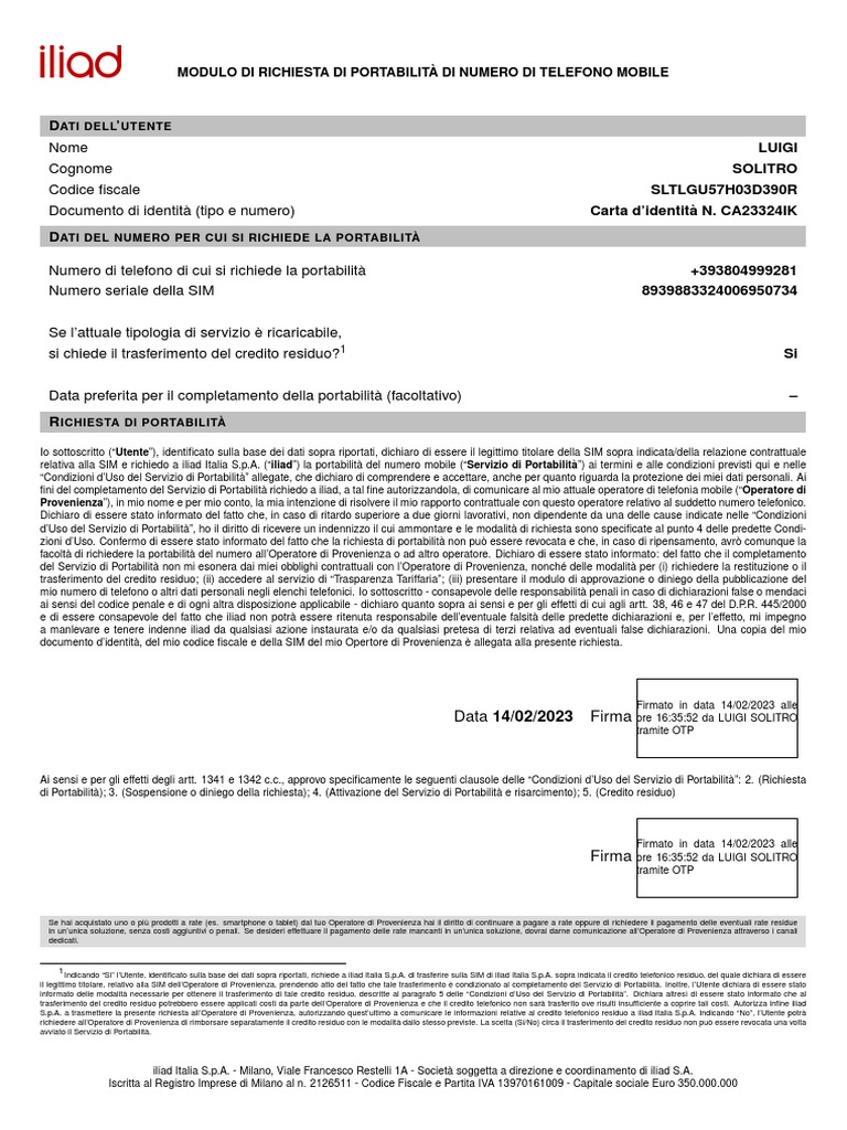 Modulo Portabilità | PDF