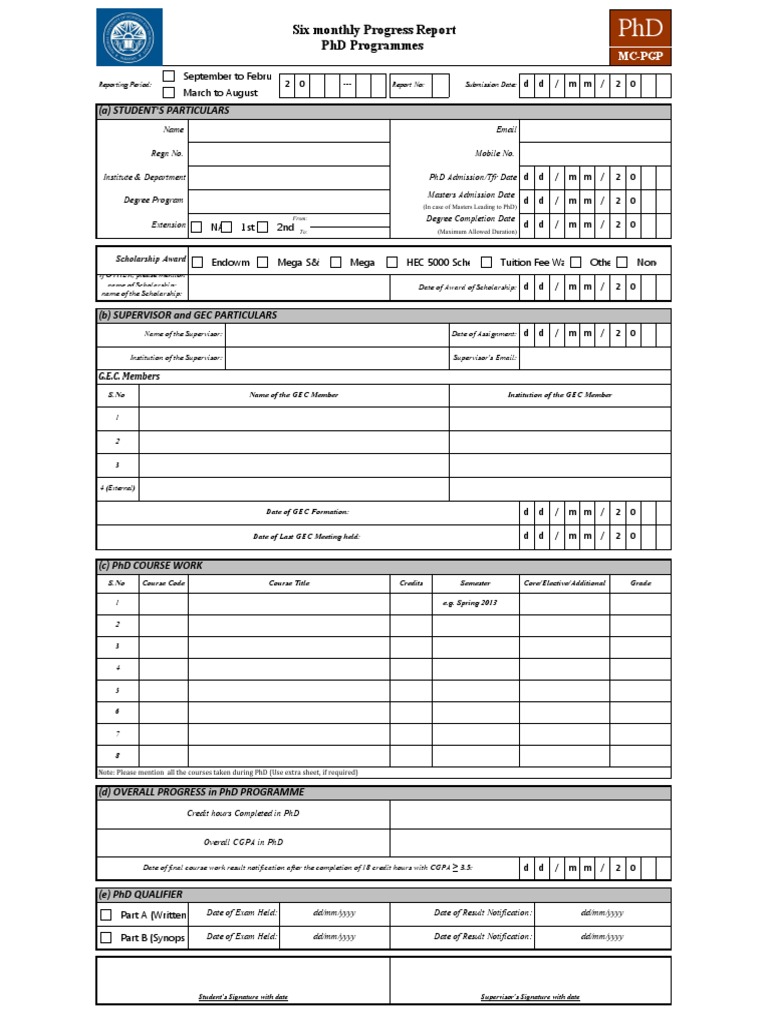 PHD Six Monthly Prgress Report | PDF | Doctor Of Philosophy | Thesis