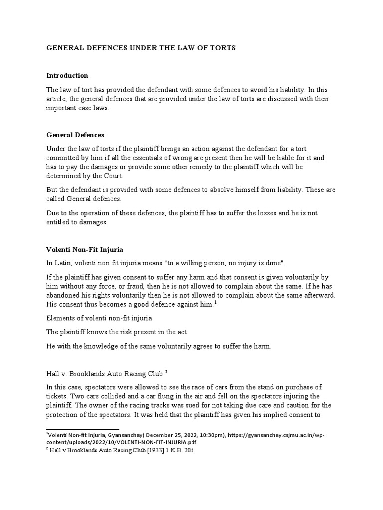 General Defences Under The Law of Torts | PDF | Tort | Legal Liability
