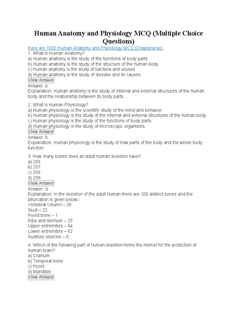 Human Anatomy & Physiology MCQs | PDF | Skull | Brain