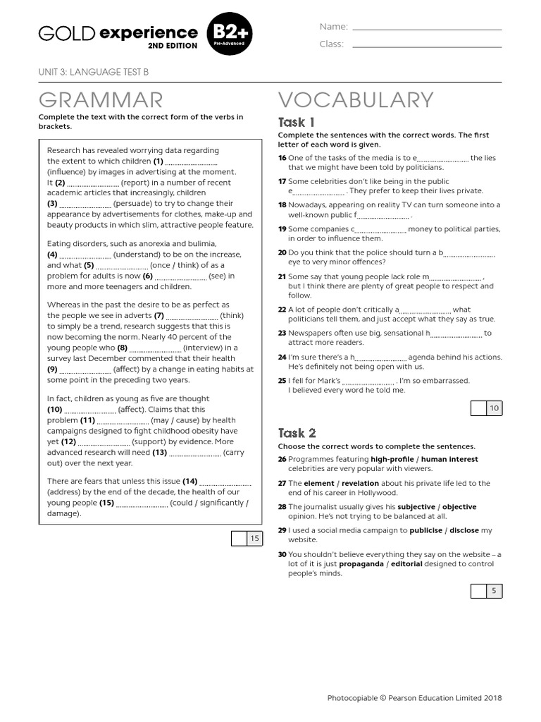 Gold Exp B2P U3 Lang Test B | PDF | Communication | Cognition
