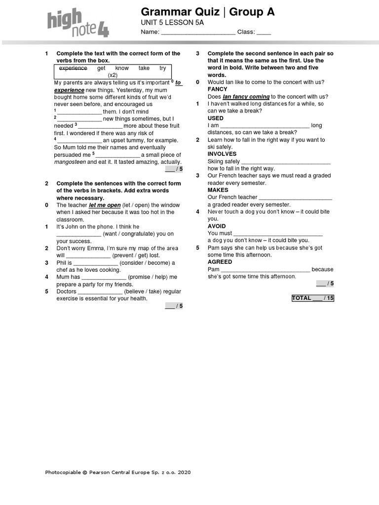 HighNote4 U5A Grammar Quiz A | PDF | Linguistics