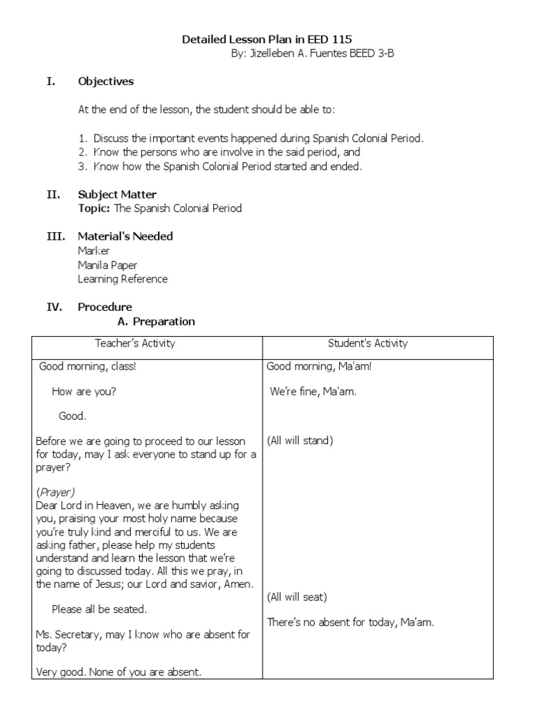 Lesson Plan in EED 115 (Detailed Lesson Plan) | PDF | Philippines