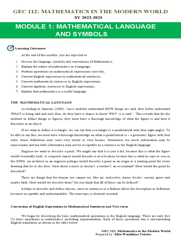Lesson 1 Mathematical Language and Symbols (BSHMandTM) | PDF | Numbers | Ratio