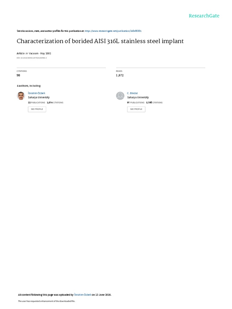 Characterization of Borided AISI 316L Stainless Steel Implant | PDF | Stainless Steel | Steel