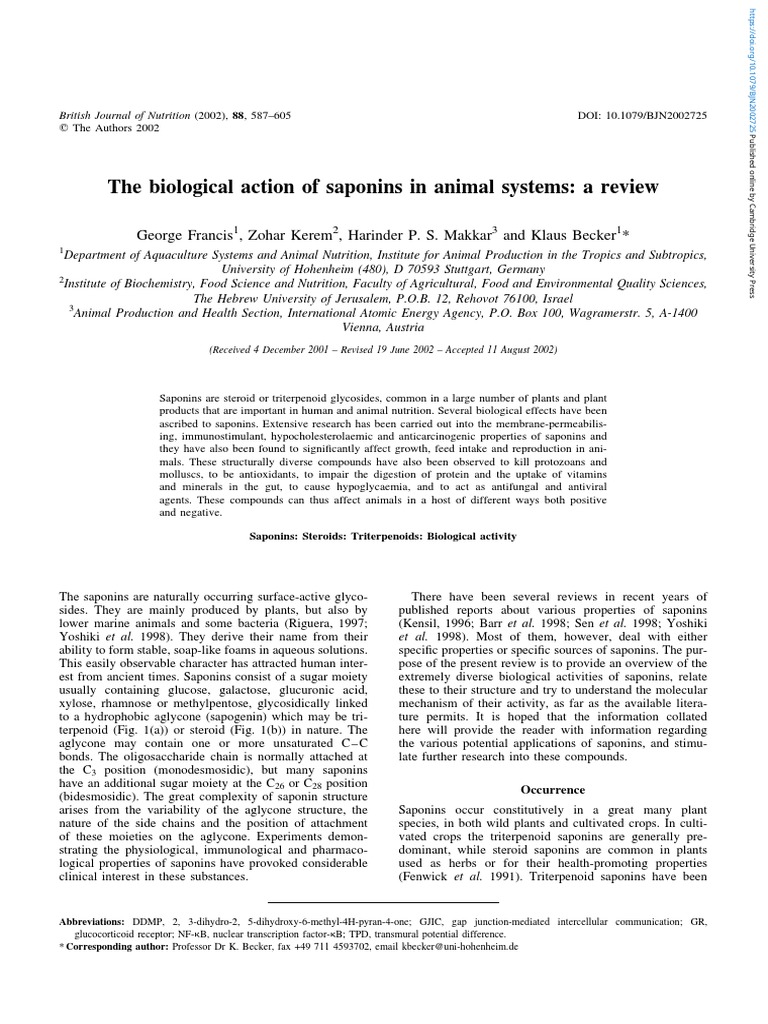 The Biological Action of Saponins in Animal Systems A Review | PDF | Cell Membrane | Lipid Bilayer