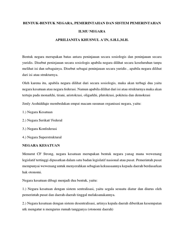 Bentuk Bentuk Negara Pemerintahan Dan Sistem Pemerintahan Pdf