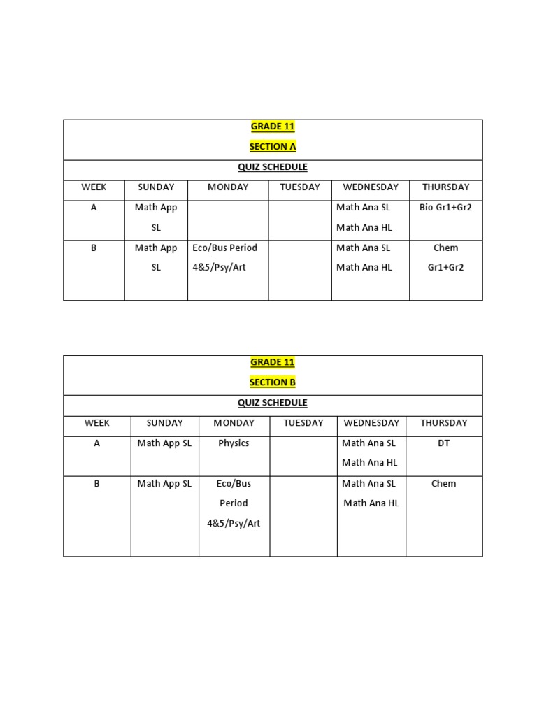 Grade 11 Quiz Schedule By Subject And Week For Sections A And B Pdf