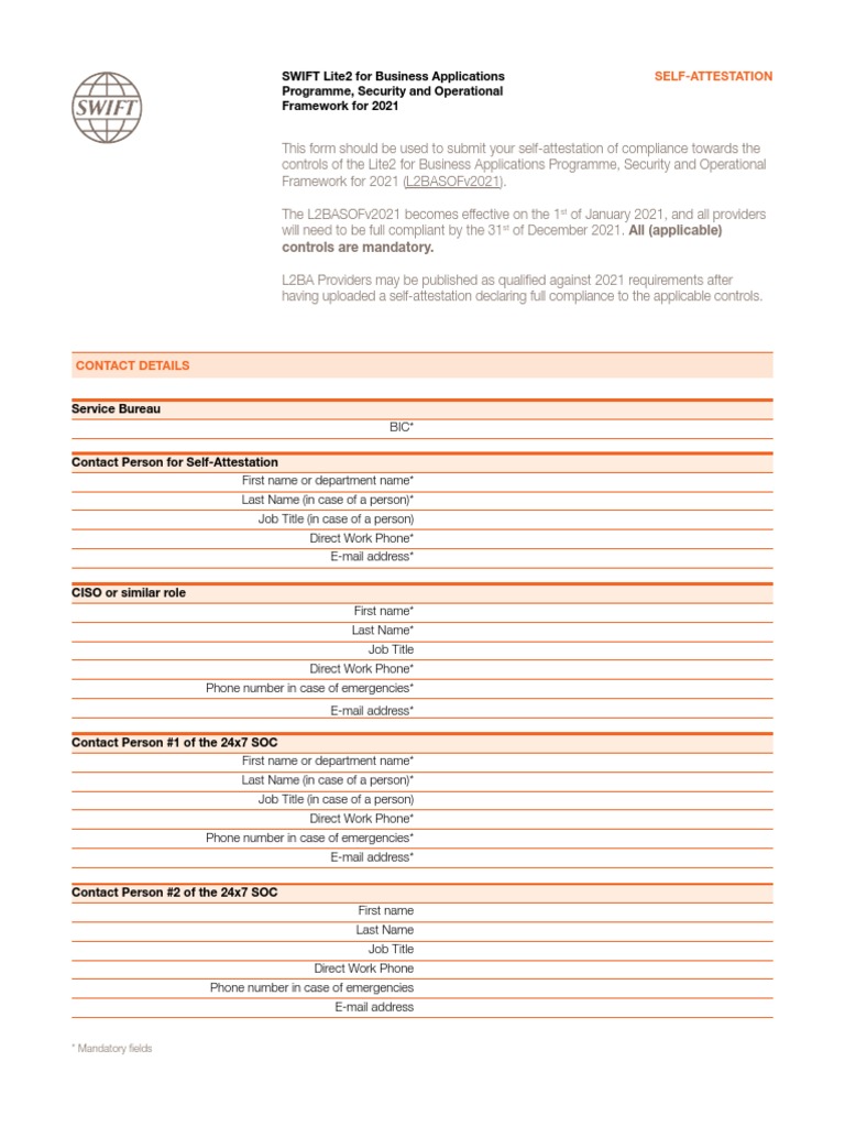 Swift L2basofv2021 Self Attestation 2 Pdf Computer Security Security