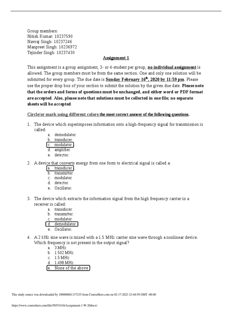 Assignment 1 W 20 | PDF | Modulation | Detector (Radio)