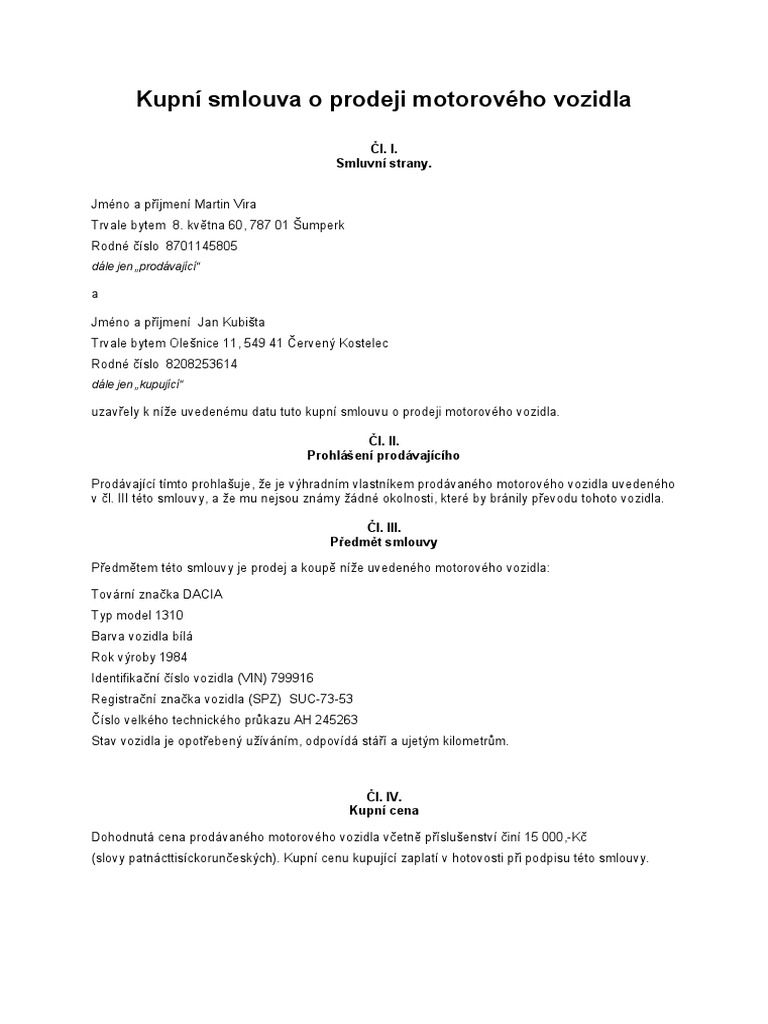 Kupní Smlouva Na Automobil | PDF