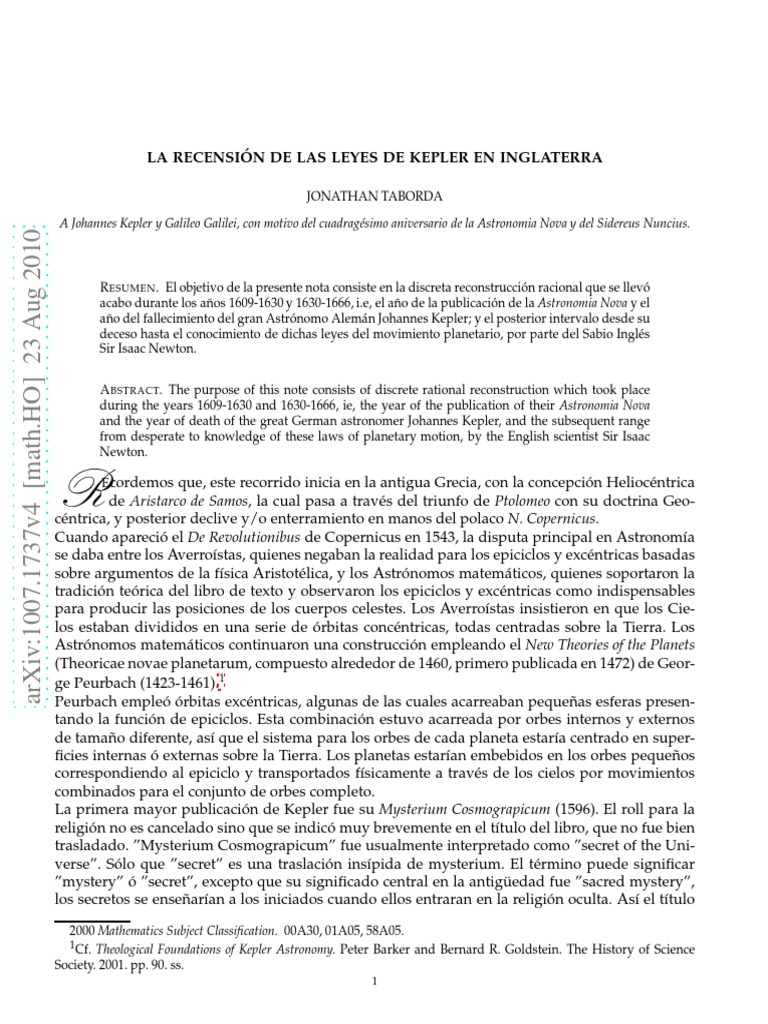 La Recensión de Las Leyes de Kepler en Inglaterra | PDF | Johannes ...