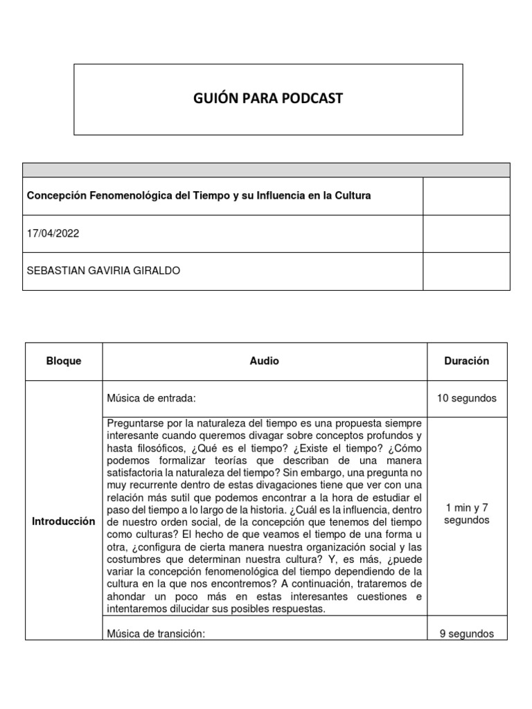 Guión para Podcast | PDF | Hora | Espacio