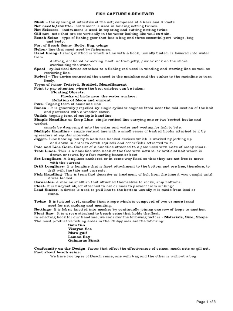 Fish Capture Reviewer | PDF | Angling | Outdoor Recreation Techniques