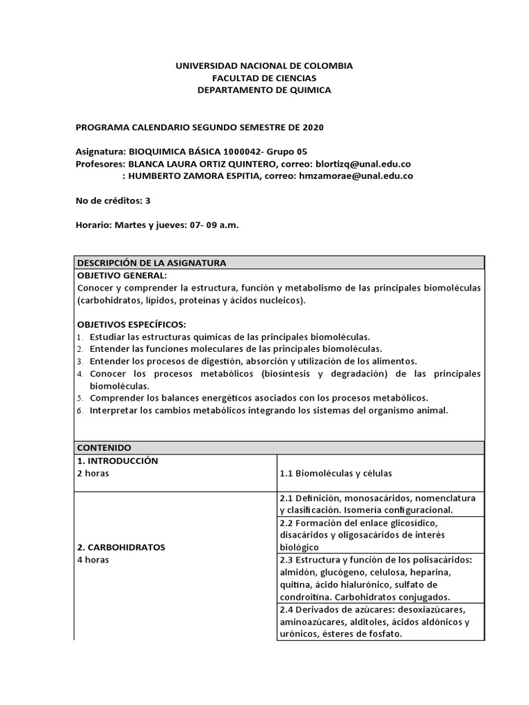 Programa Bioq Basica-2 - 2020 | PDF | Metabolismo | Lípido