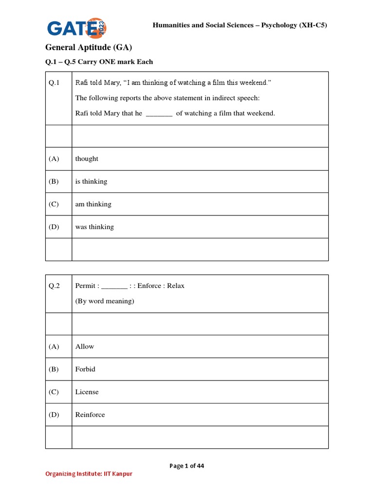 IIT Kanpur Humanities & Social Sciences Exam | PDF | Psychology ...