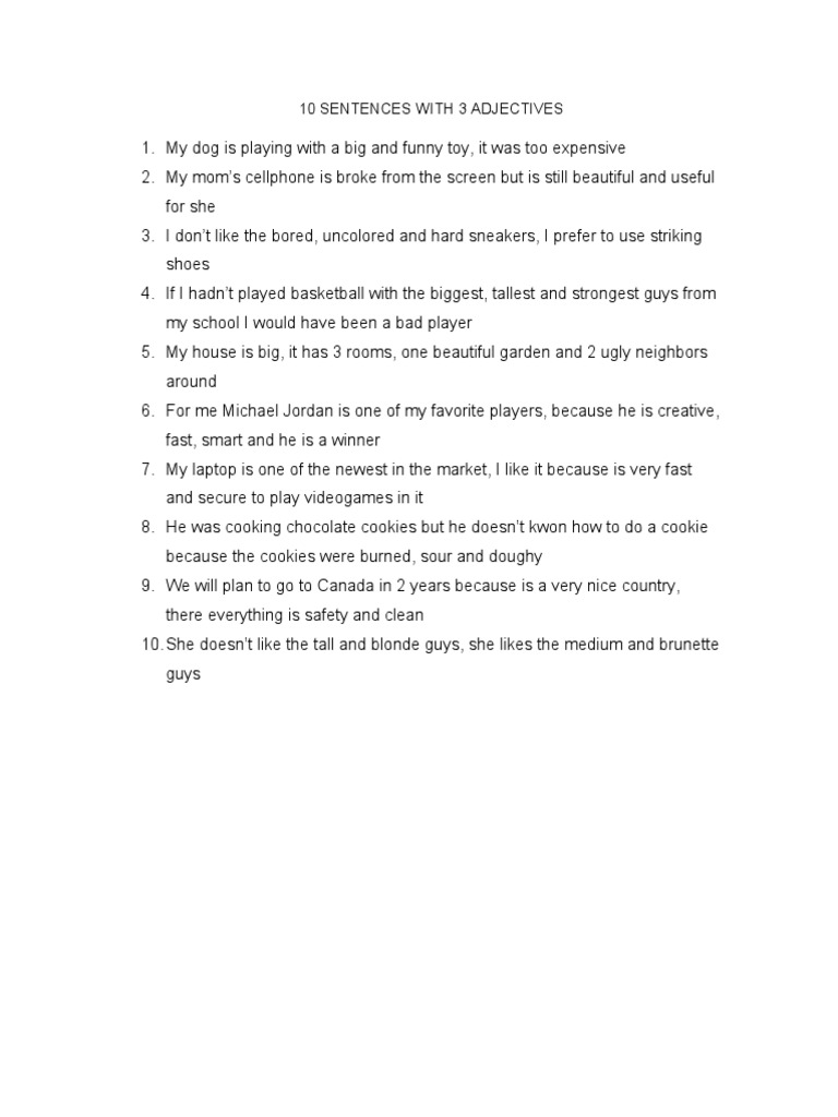 10 Sentences with Three Adjectives | PDF