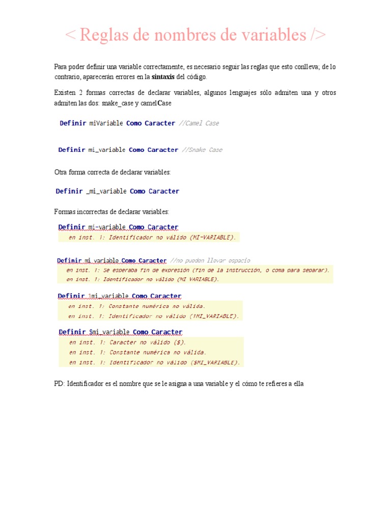 Reglas de Nombres de Variables (Identificadores) | PDF