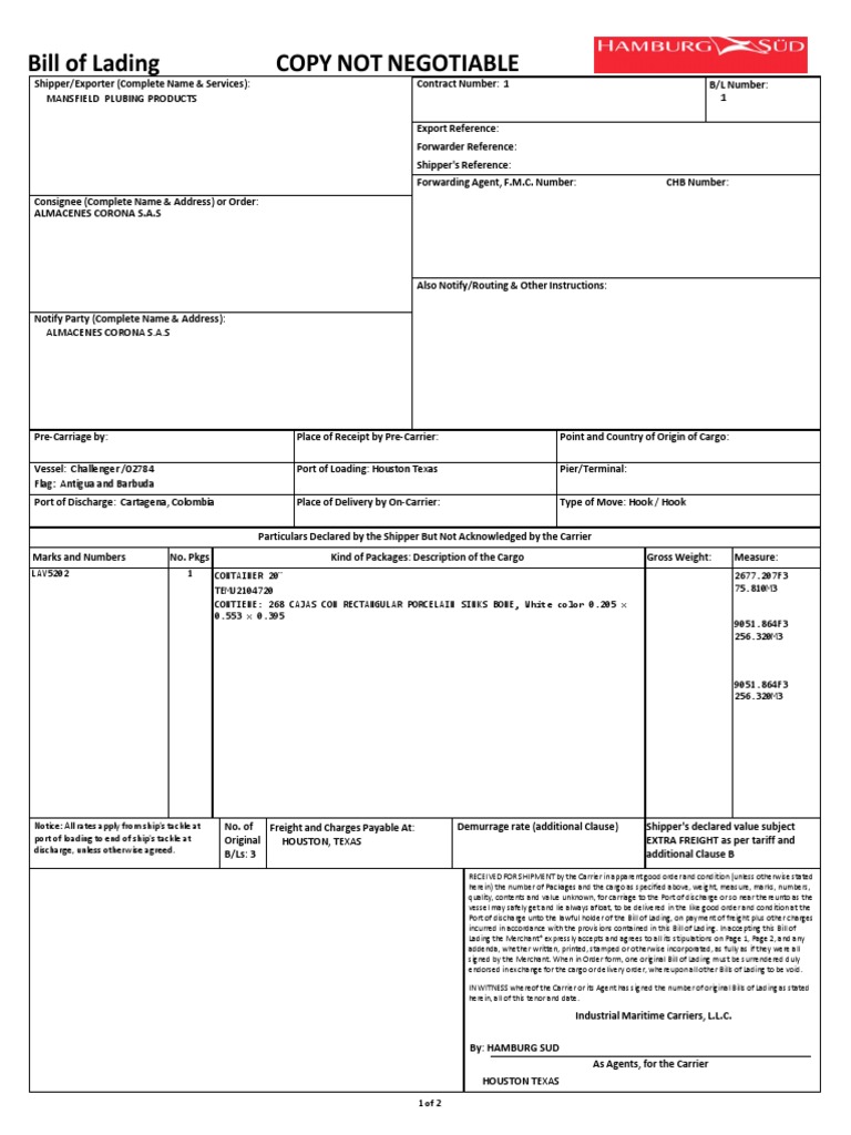 Bill of Lading Copy Not Negotiable: Mansfield Plubing Products 1 | PDF ...