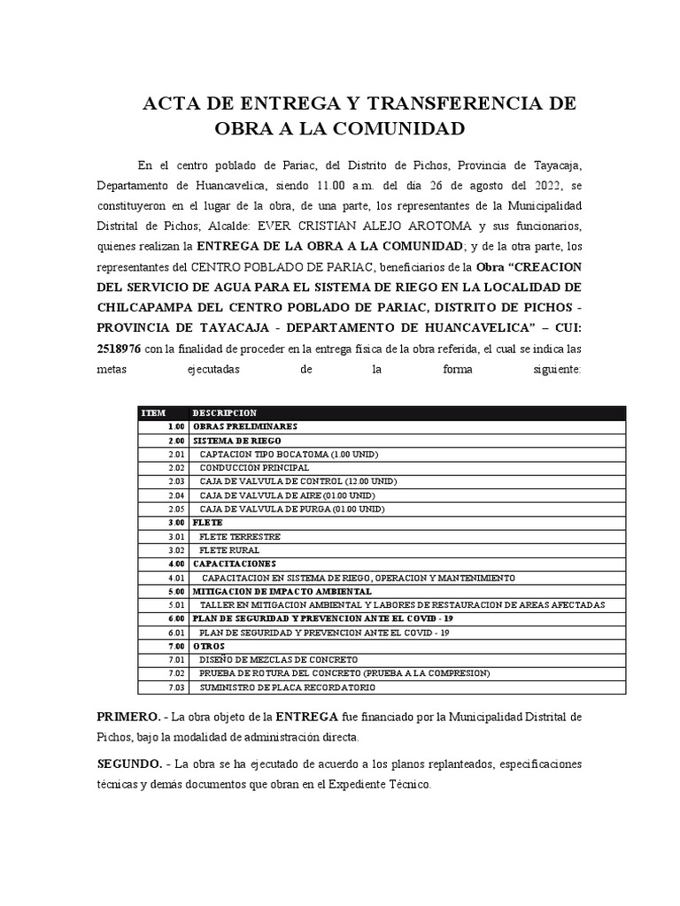 Riego Pariac - Acta Entrega | PDF