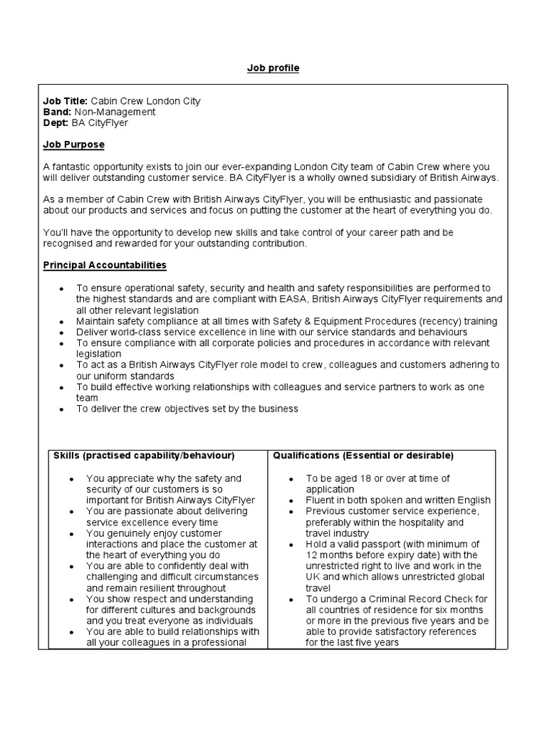Cabin Crew Job Profile at BA CityFlyer | PDF | Communication | Flight ...