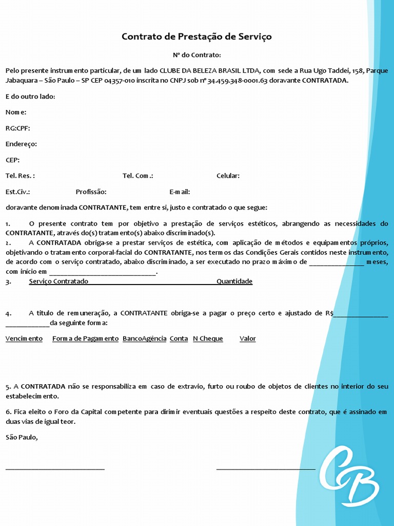 Contrato de Prestação de Serviço MODELO CLUBE DA BELEZA | PDF ...