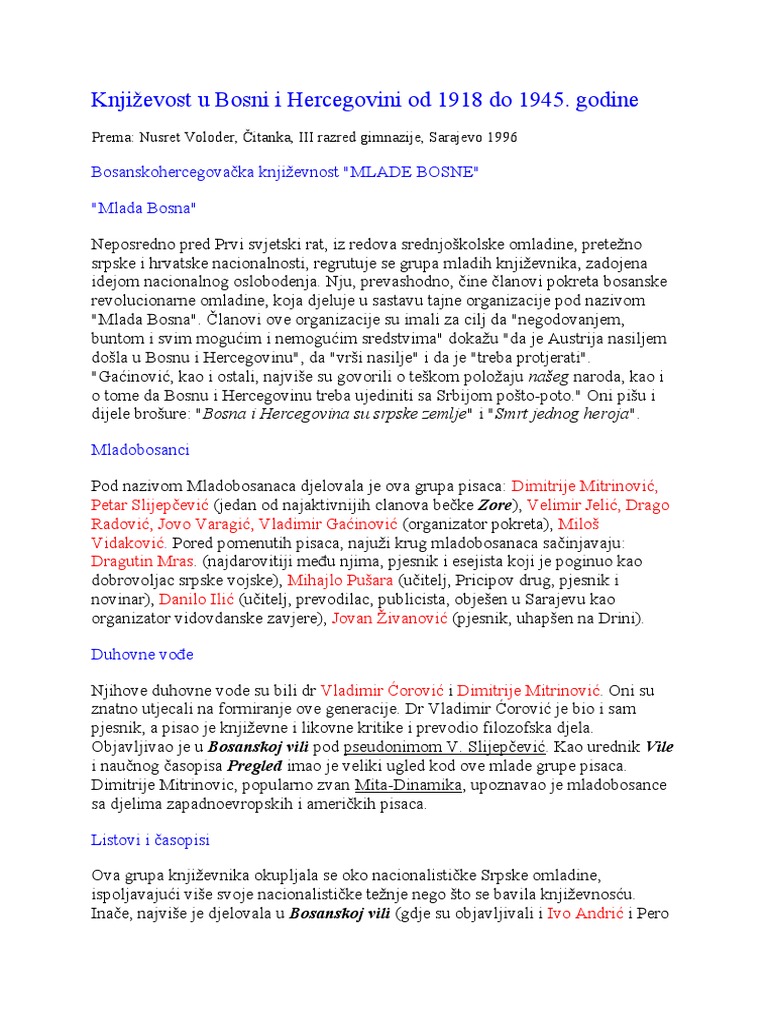 Književost u Bosni i Hercegovini od 1918 do 1945 | PDF