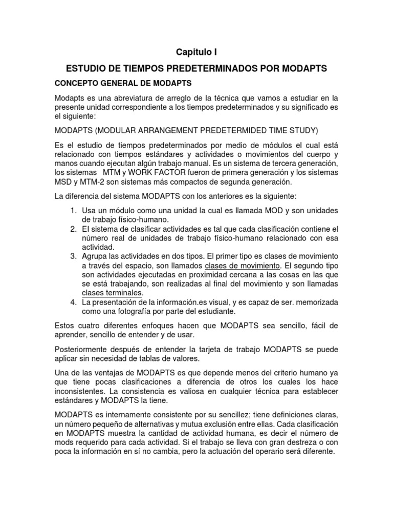 APUNTES SISTEMA DE TIEMPOS PREDETERMINADOS MODAPTS. WORD (1) | PDF ...