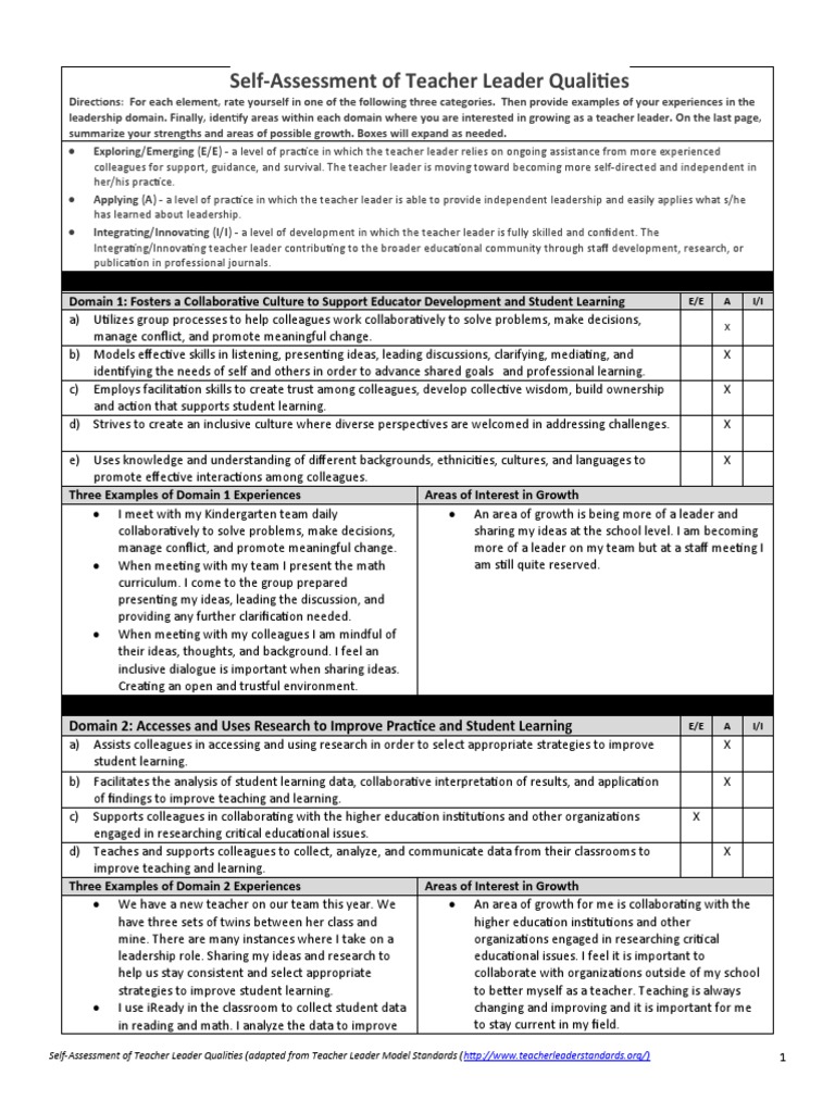 Self-Assessment of Teacher Leader Qualities | PDF | Learning | Teachers