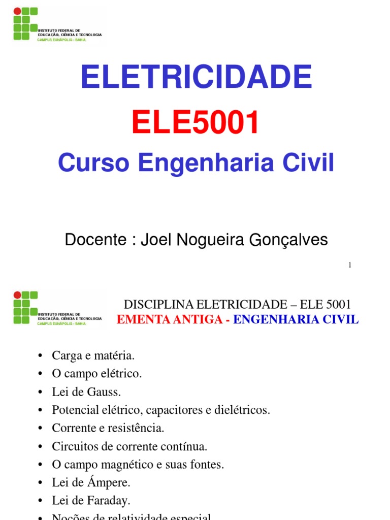 00 Elétricidade Engenharia 2022 1 Pdf Eletricidade Corrente Elétrica