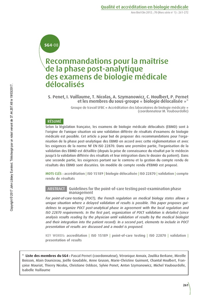 Recommandations Pour La Maîtrise de La Phase Post-Analytique Des ...