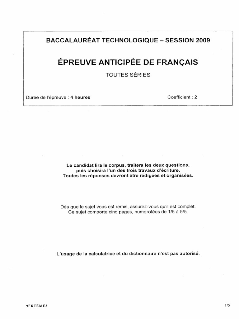 Sujet Et Corrige Bac Technologiques Septembre 2009 Epreuve Anticipee de ...
