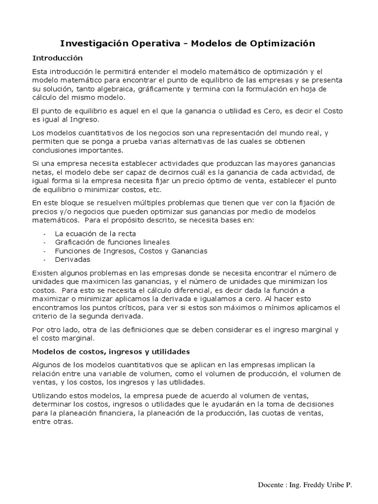 Modelos De Optimización Io 22 23 Pdf Costo Optimización Matemática