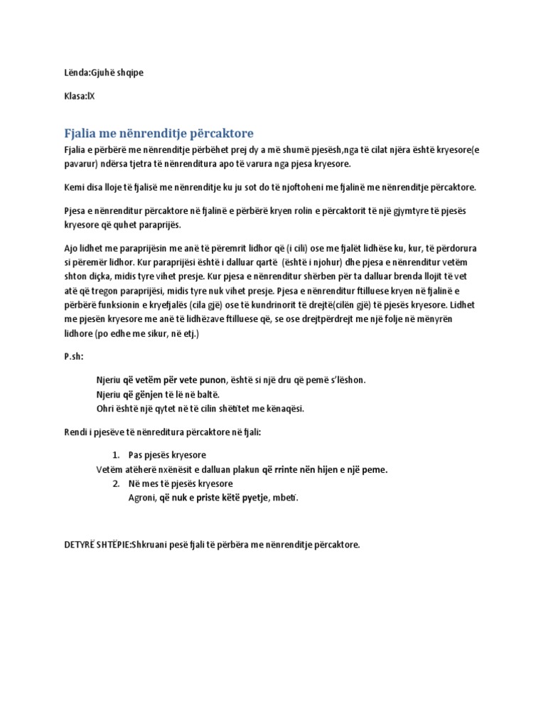 Gj. Shqipe KL - IX Fjalia e Përbërë Me Nënrenditje Përcaktore | PDF