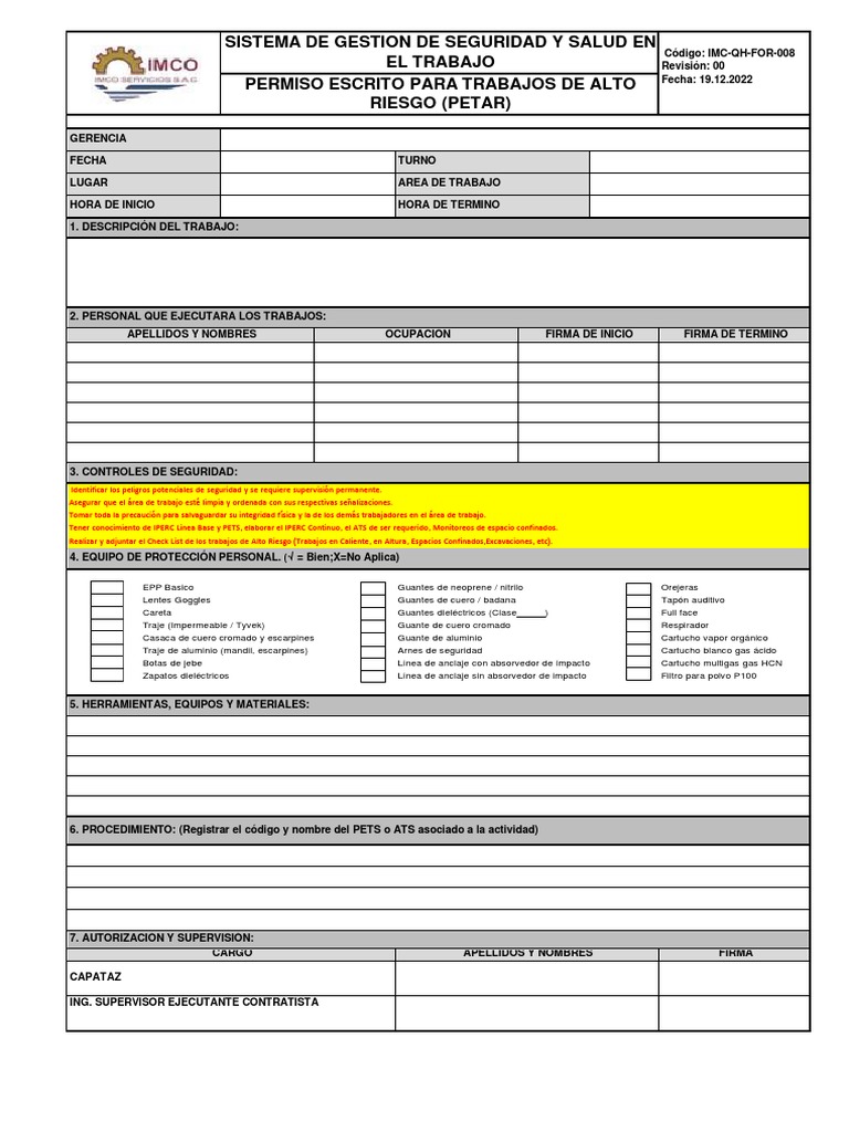 Formato Permiso Escrito para Trabajo de Alto Riesgo (Petar) | PDF | Materiales
