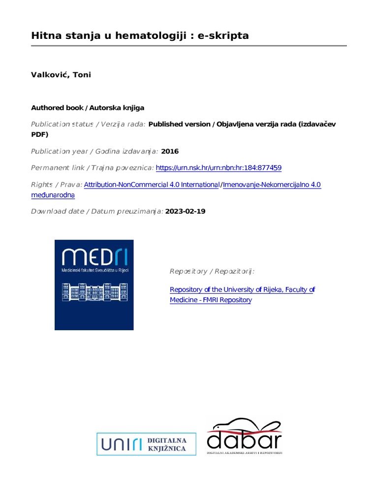 Hitna Stanja U Hematologiji E-Skripta Prof Valkovic | PDF