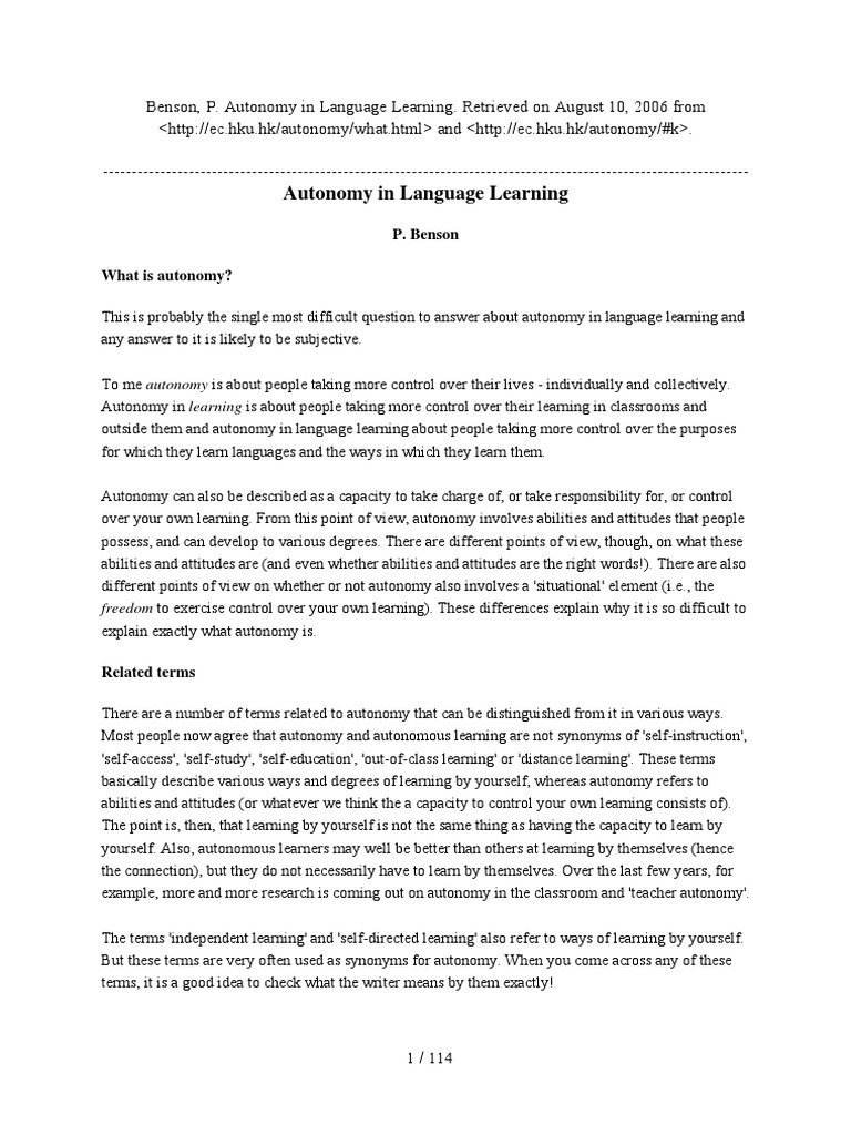 Autonomy in Language Learning | PDF | Language Education | English As A ...