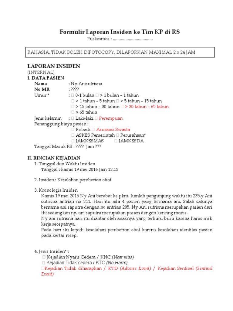 Formulir Laporan Insiden Ke Tim KP Di RS | PDF
