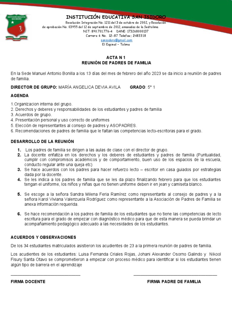 Acta Reunión de Padres de Familia | PDF | Amor | Comunicación