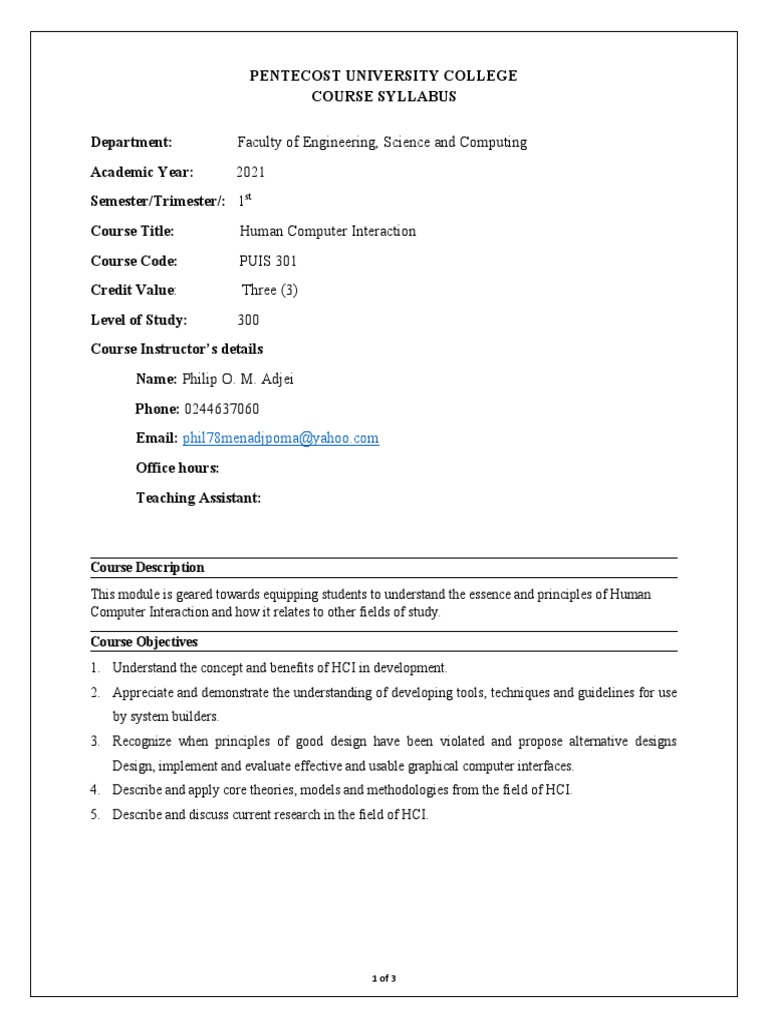 2023 Human Computer Interaction Course Outline Pdf Human Computer