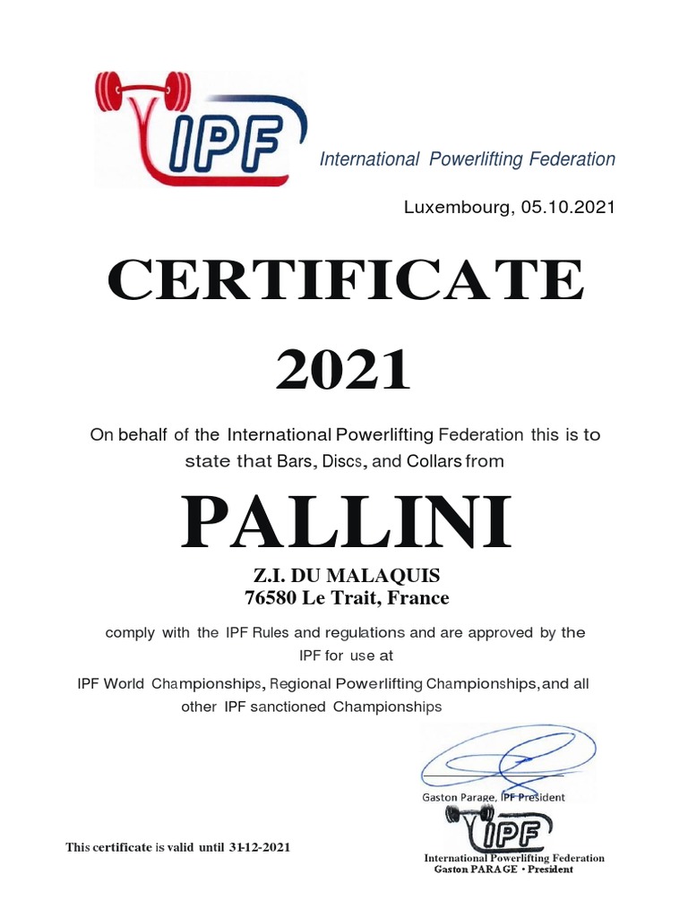 IPF Certificate of Approval for Pallini Bars, Discs, and Collars for ...