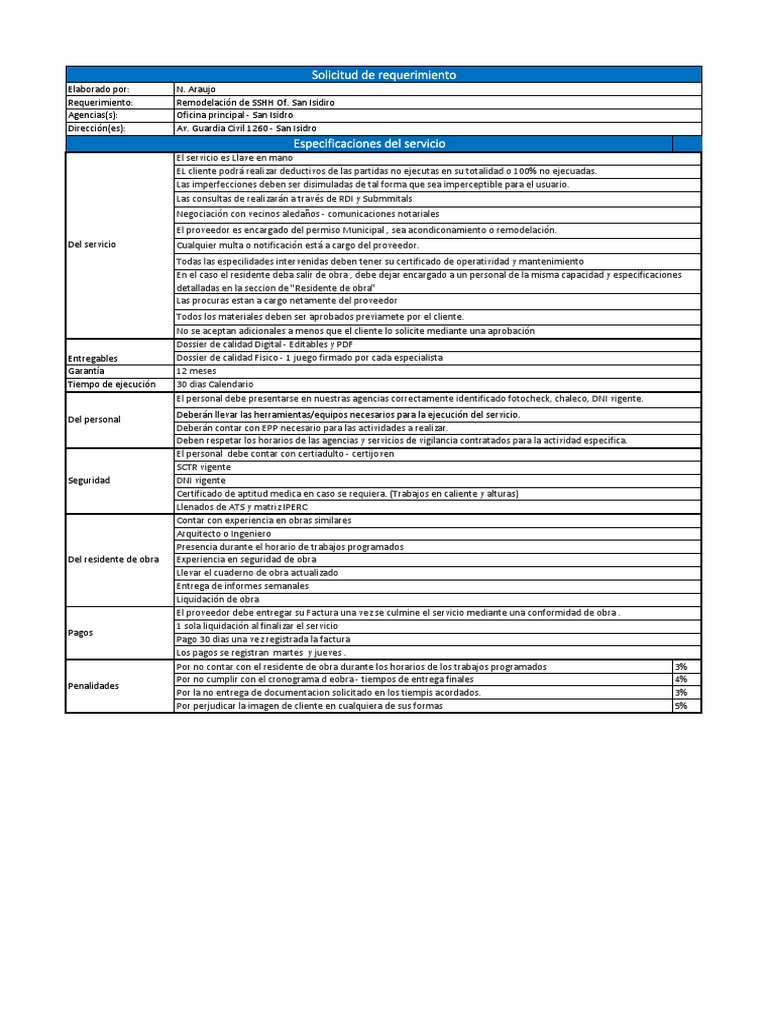 Requerimiento de Servicio - REMODELACIÓN DE SSHH OF. PRINCIPAL | PDF ...