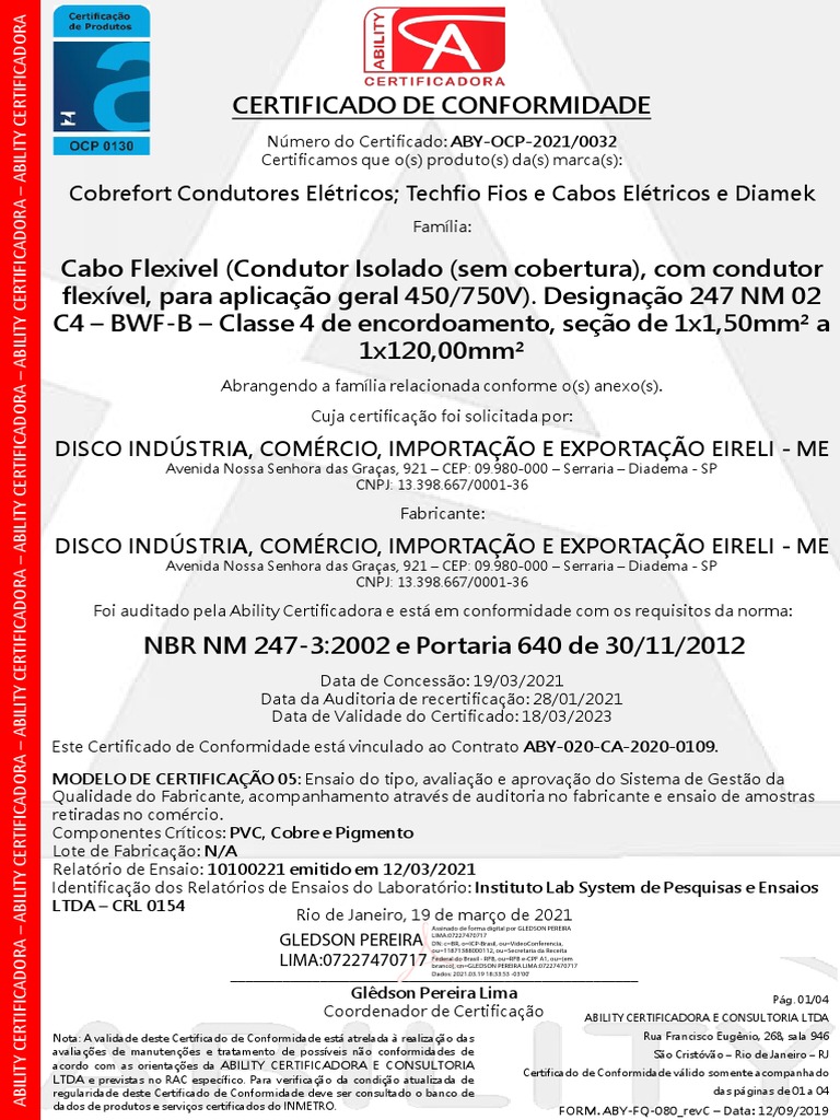 Certificado de Conformidade de Cabos | PDF | Condutor elétrico
