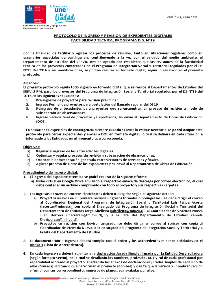 Protocolo de Ingreso de Expediente Digital DS19 - 18-07-2022 | PDF | Santiago | Enchufes y tomas ...