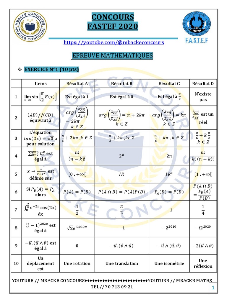 Fastef 2020 - Epreuve Mathematique-F1c1 MPC | PDF | Limite (mathématiques) | Objets mathématiques