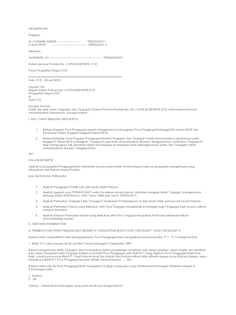 Contoh Kesimpulan Dalam Perkara Perdata | PDF