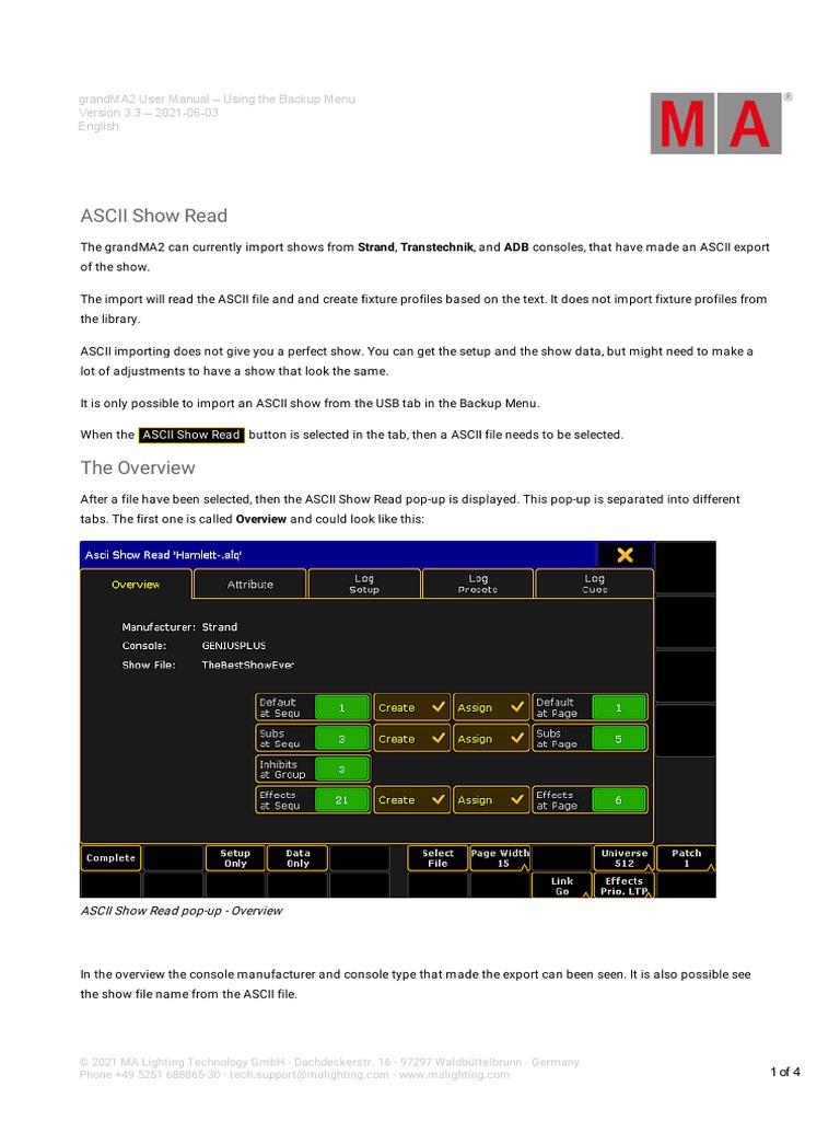 GrandMA2 User Manual-Backup Menu Ascii Show Read-En-V3.3 | PDF | Computer File | Ascii